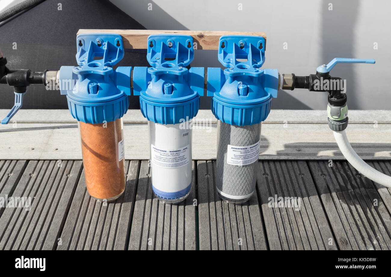 Yacht water purification system on large yacht in marina in Spain Stock ...