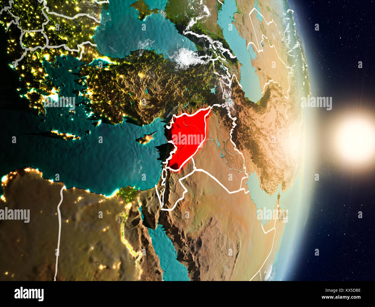 Syria during sunrise highlighted in red on planet Earth with visible ...