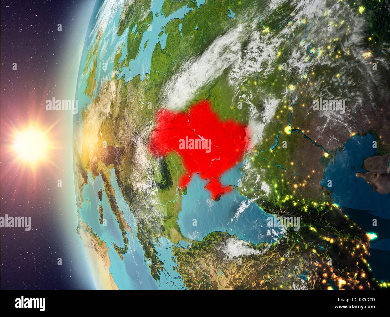 Ukraine as seen from space on planet Earth during sunset. 3D ...