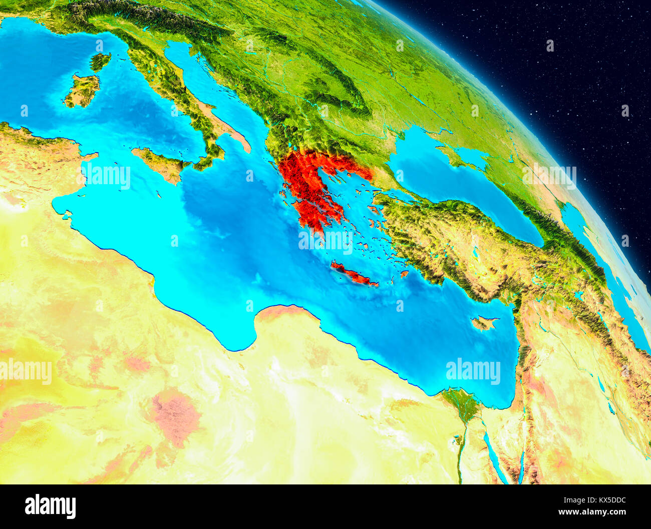Space view of Greece highlighted in red on planet Earth. 3D ...