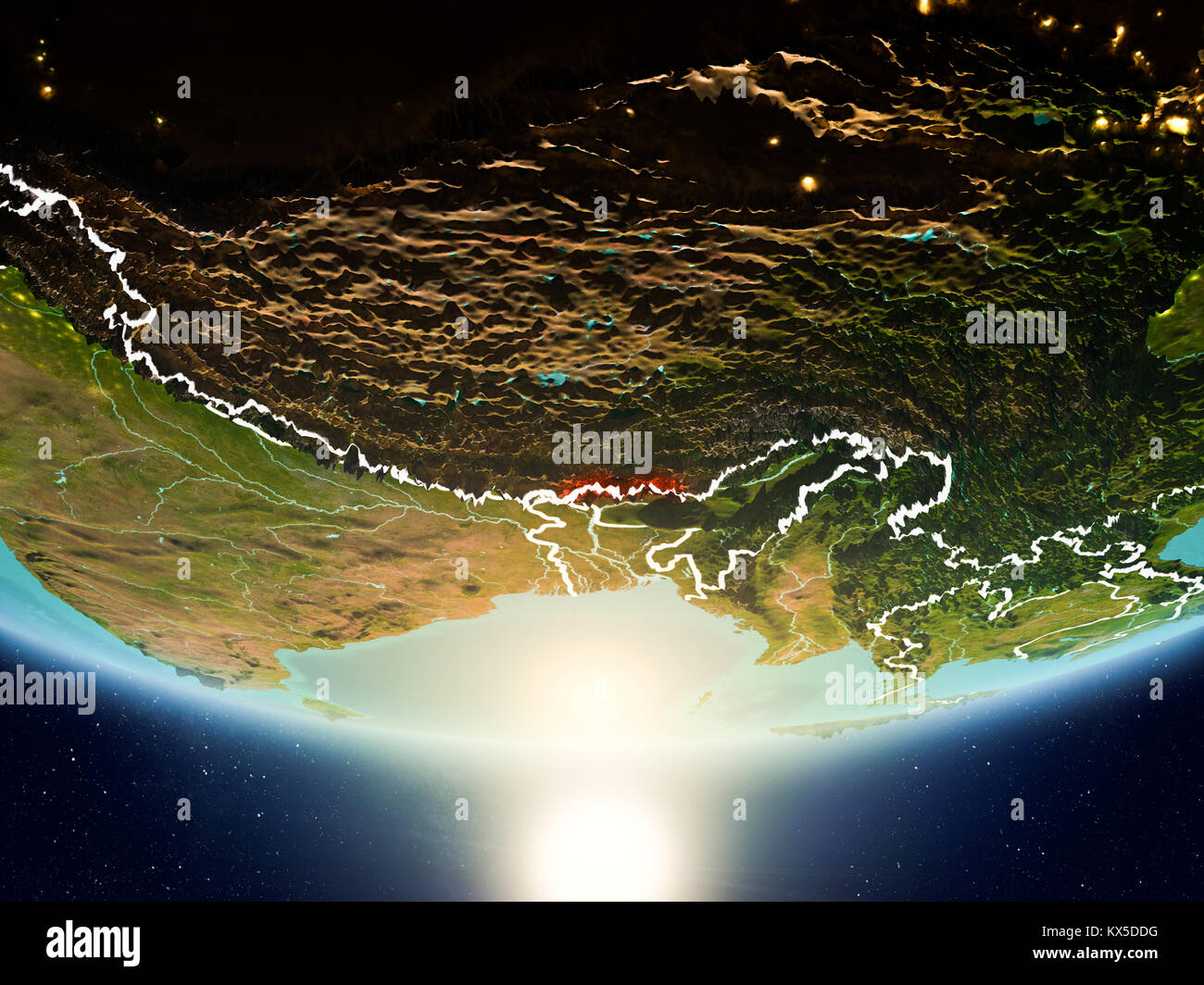 Bhutan from orbit of planet Earth in sunrise with highly detailed ...