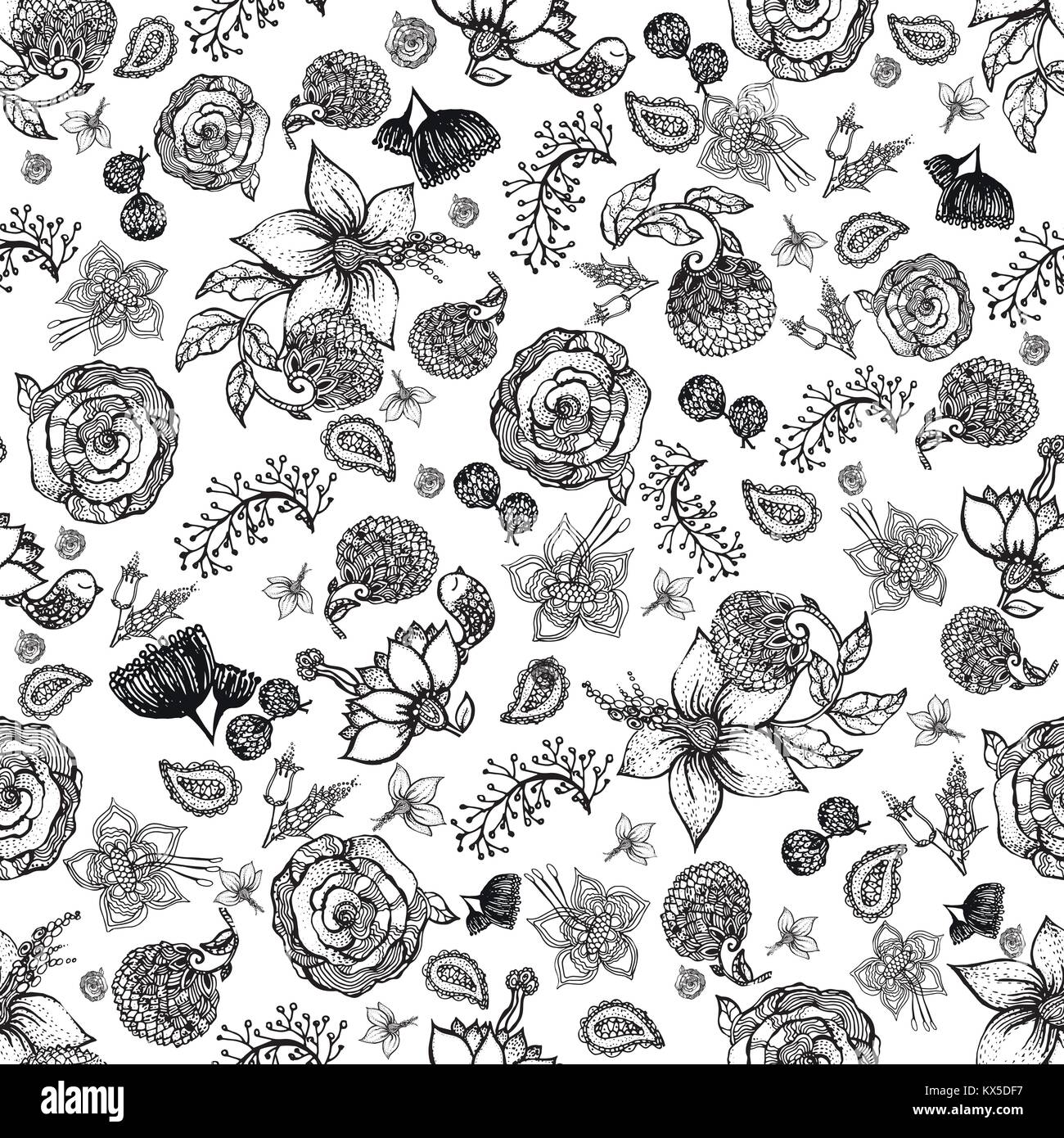 Seamless pattern of hand drawn sketch style flowers. Vector ...