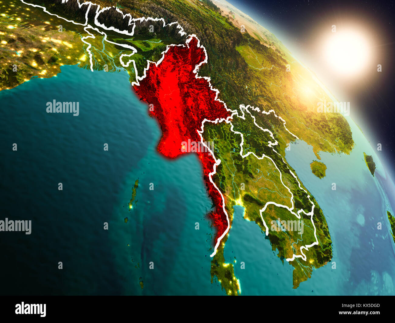 Sunset above Myanmar from space on planet Earth with visible country ...
