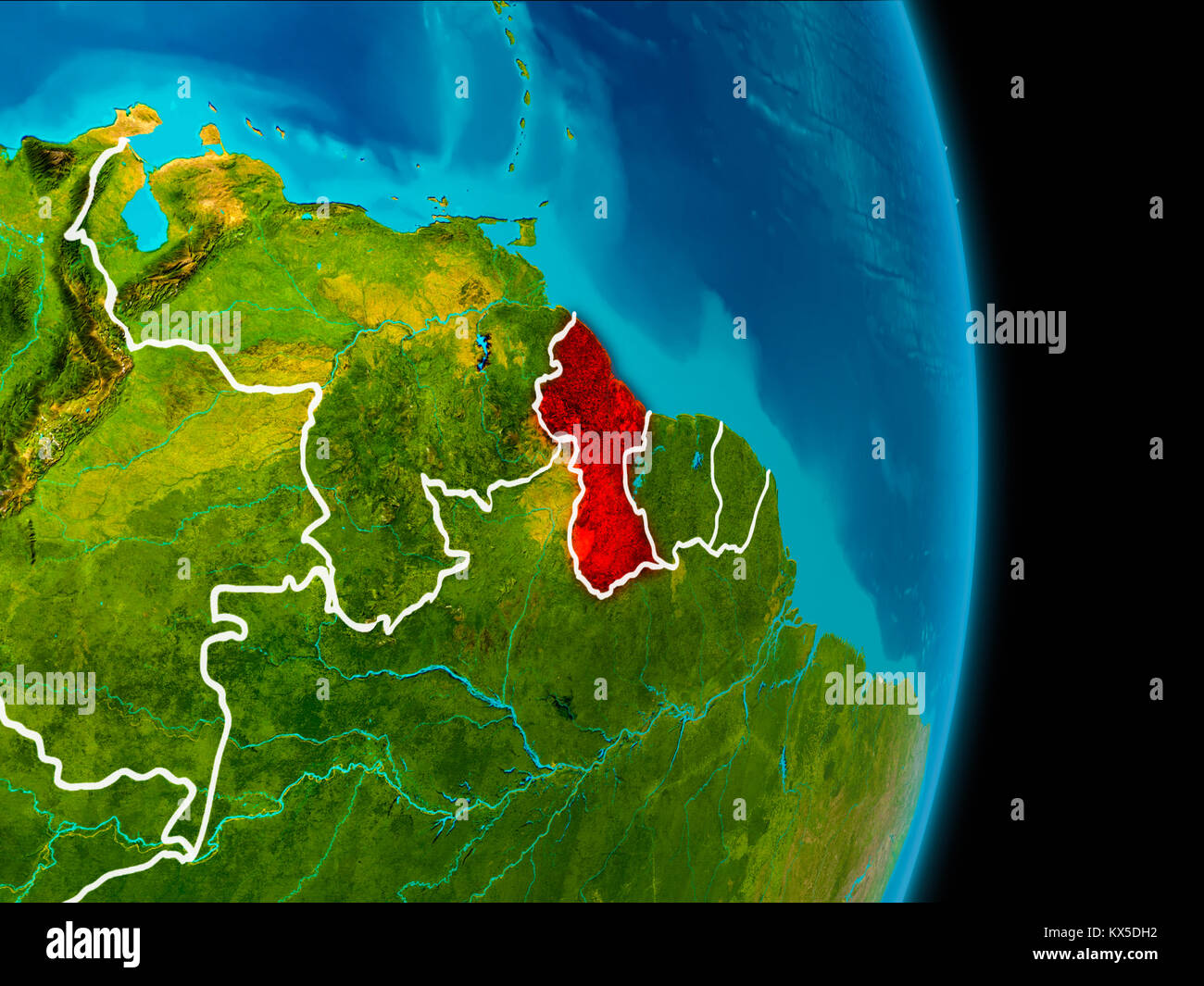 Guyana in red on planet Earth with visible borderlines. 3D illustration ...