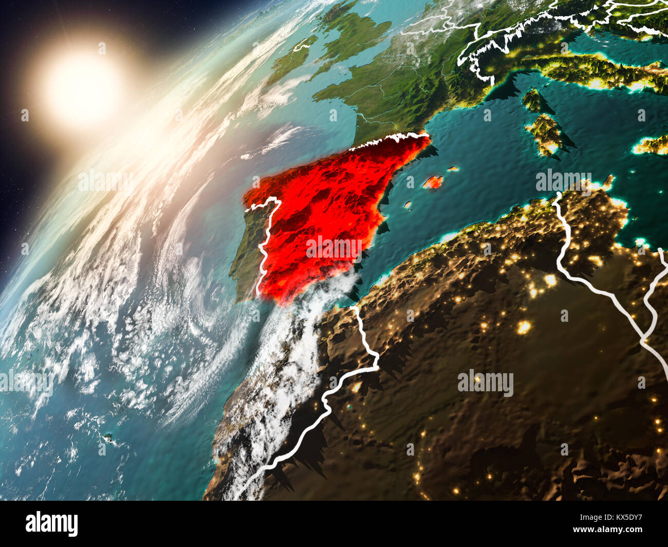 Spain during sunset highlighted in red on planet Earth with clouds and ...