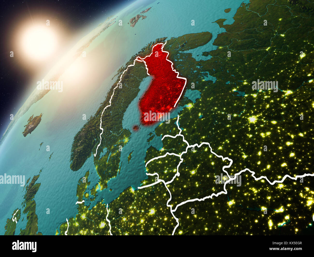 Finland during sunset highlighted in red on planet Earth with visible ...