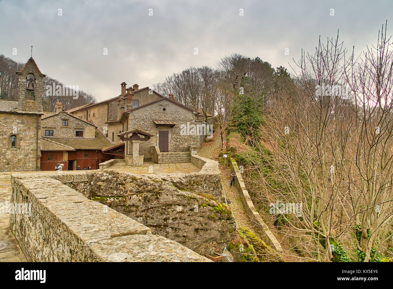 bell tower of Franciscan sanctuary in the Tuscan Apennines Stock Photo ...