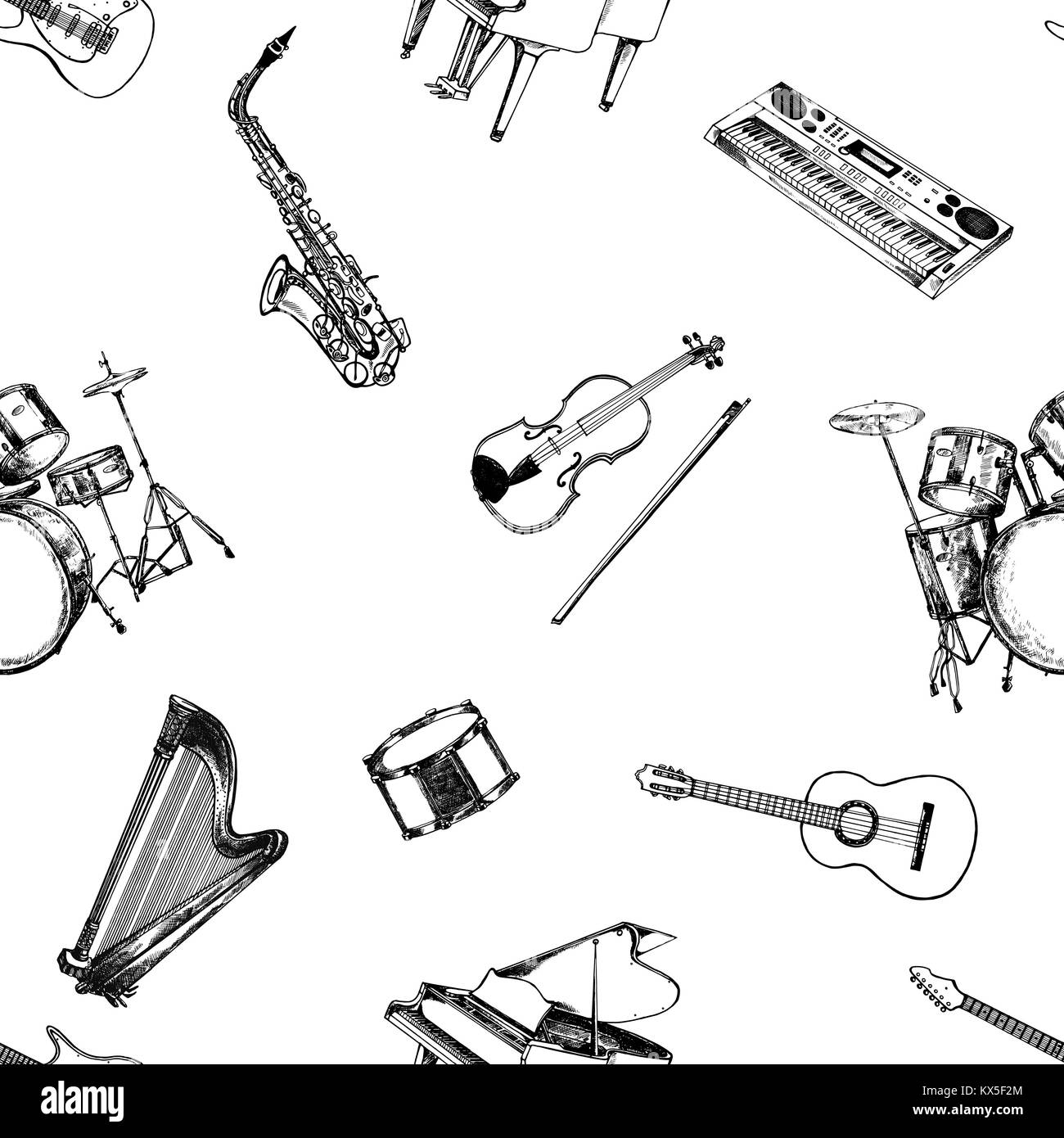 Seamless pattern of hand drawn sketch style musical instruments. Vector ...