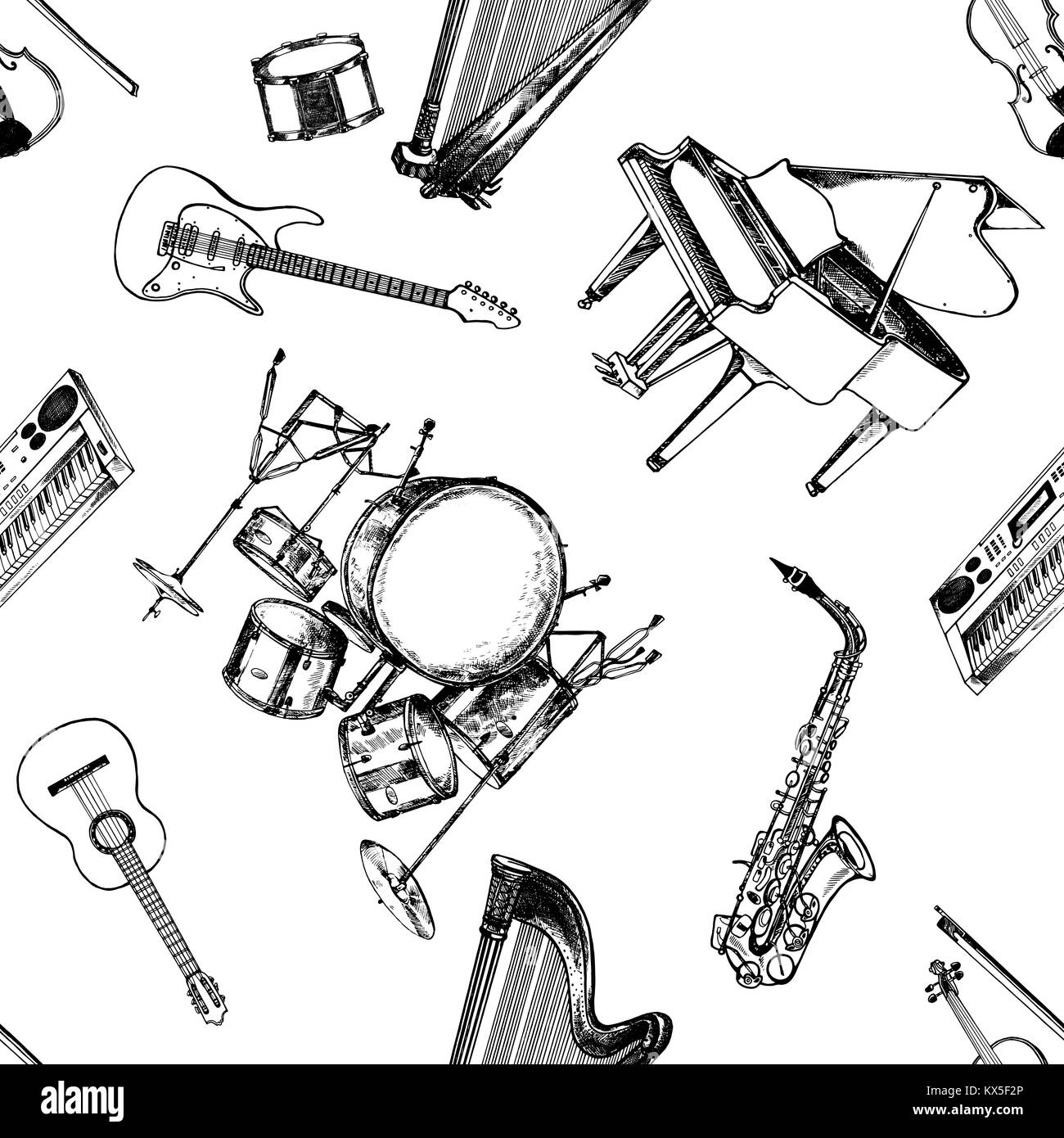 Seamless pattern of hand drawn sketch style musical instruments. Vector ...