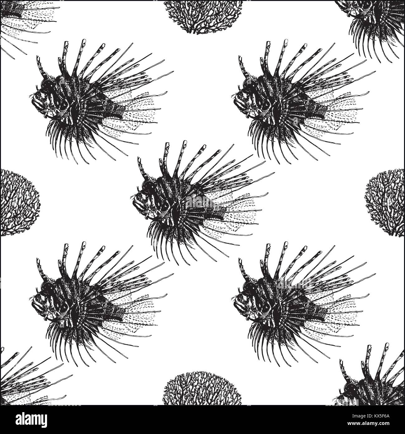 Seamless pattern of hand drawn sketch style lionfish and coral. Vector ...