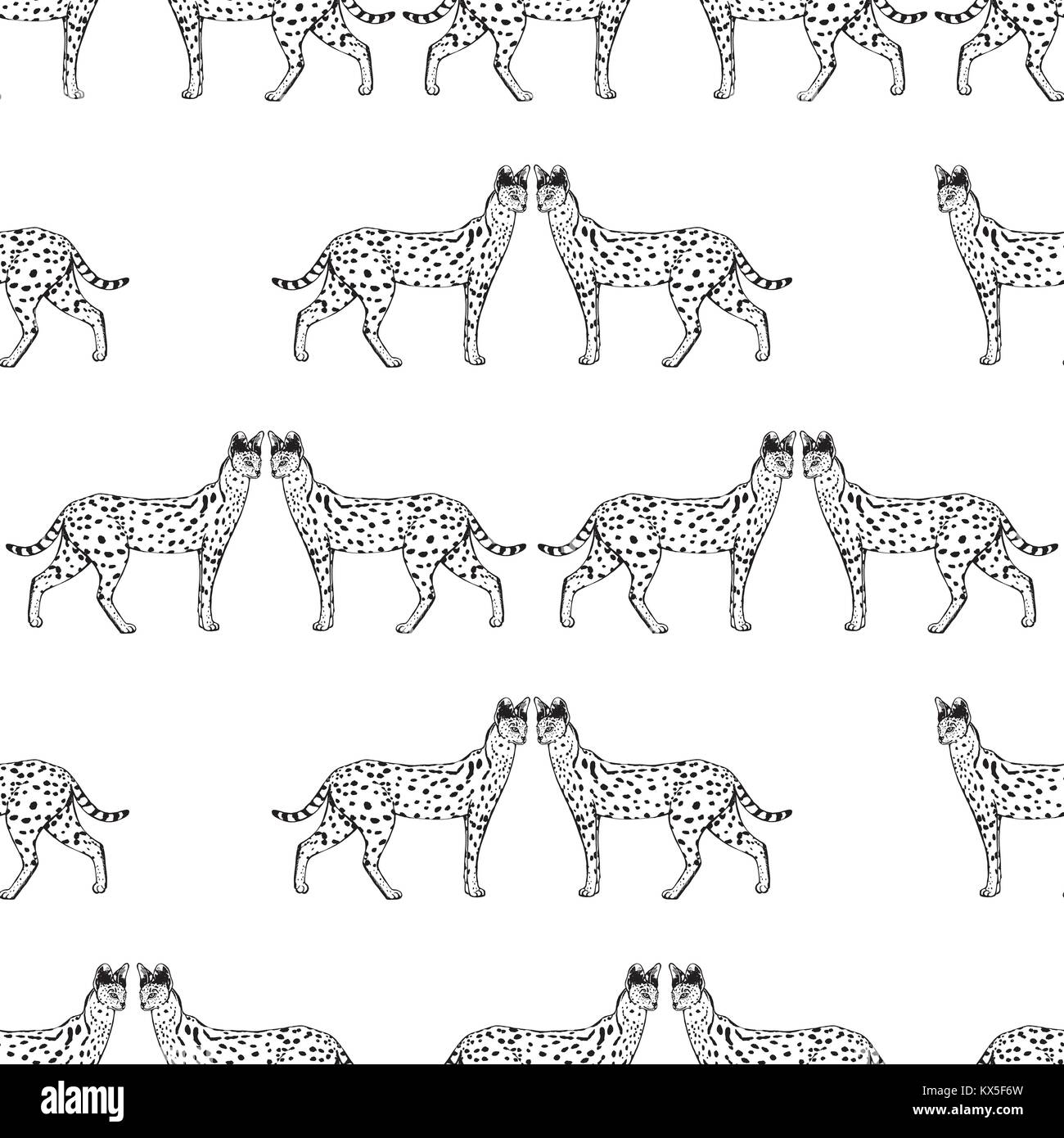 Seamless pattern of hand drawn sketch style serval. Vector illustration ...