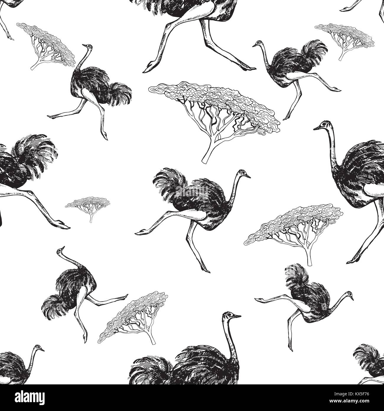 Seamless pattern of hand drawn sketch style ostriches and trees. Vector ...
