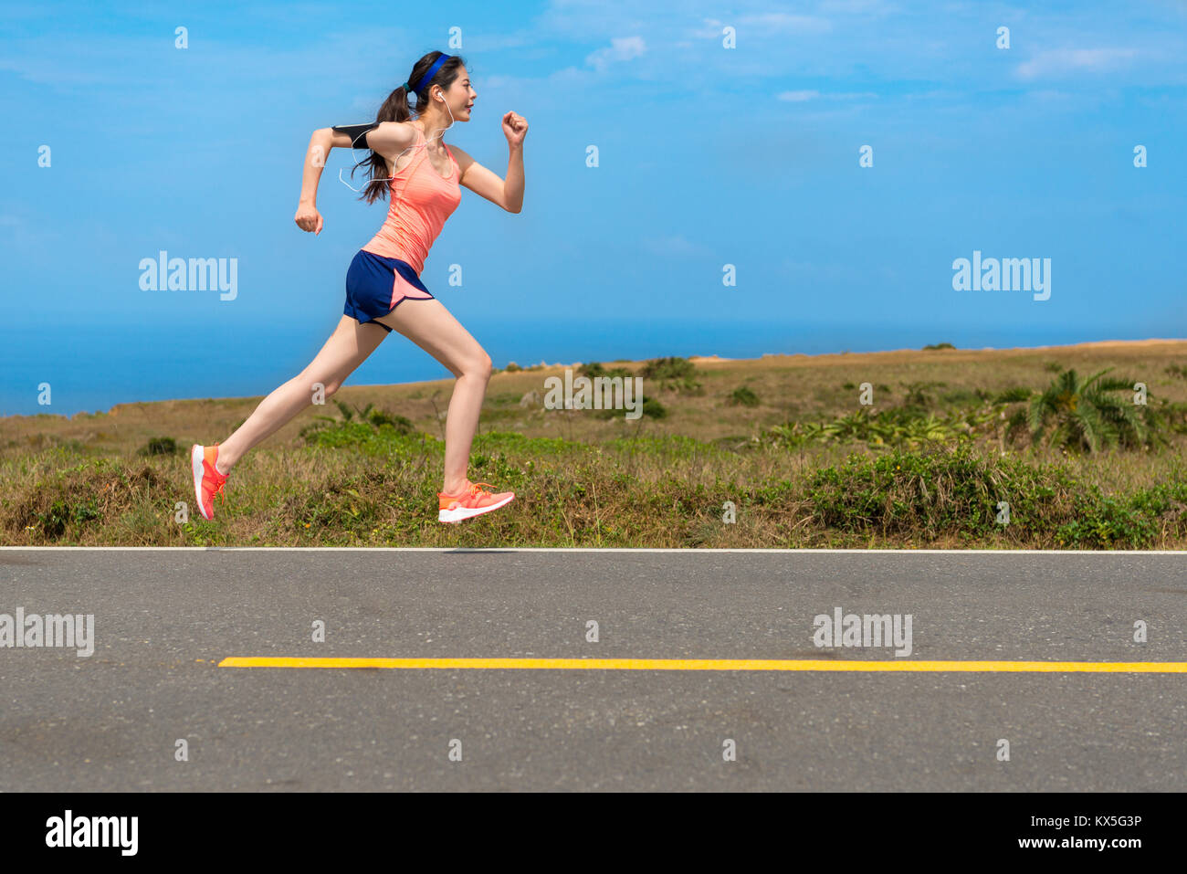 side view photo of professional young female runner player running on ...