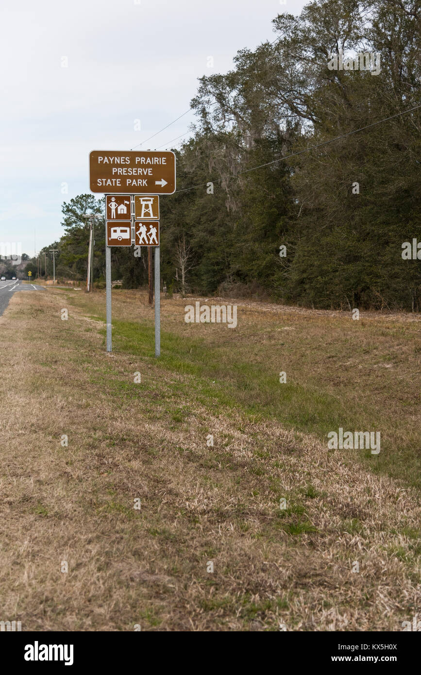 Paynes Prairie road sign on SR441 Florida Stock Photo - Alamy