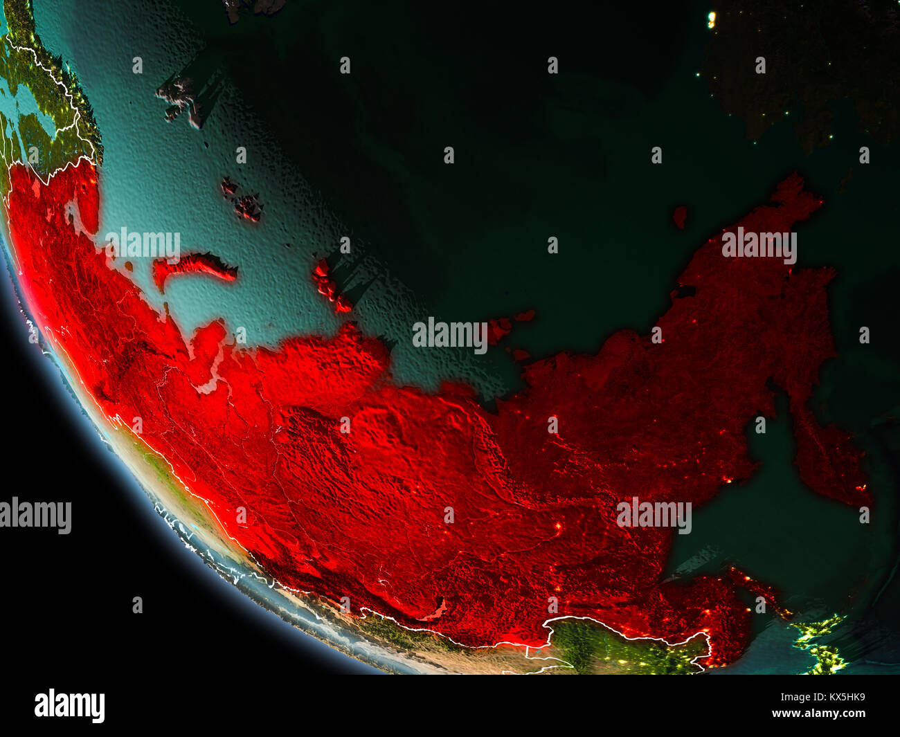 Russia from orbit of planet Earth at night with highly detailed surface ...