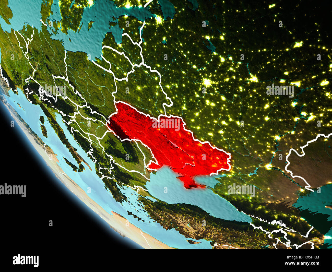 Ukraine from orbit of planet Earth at night with highly detailed ...