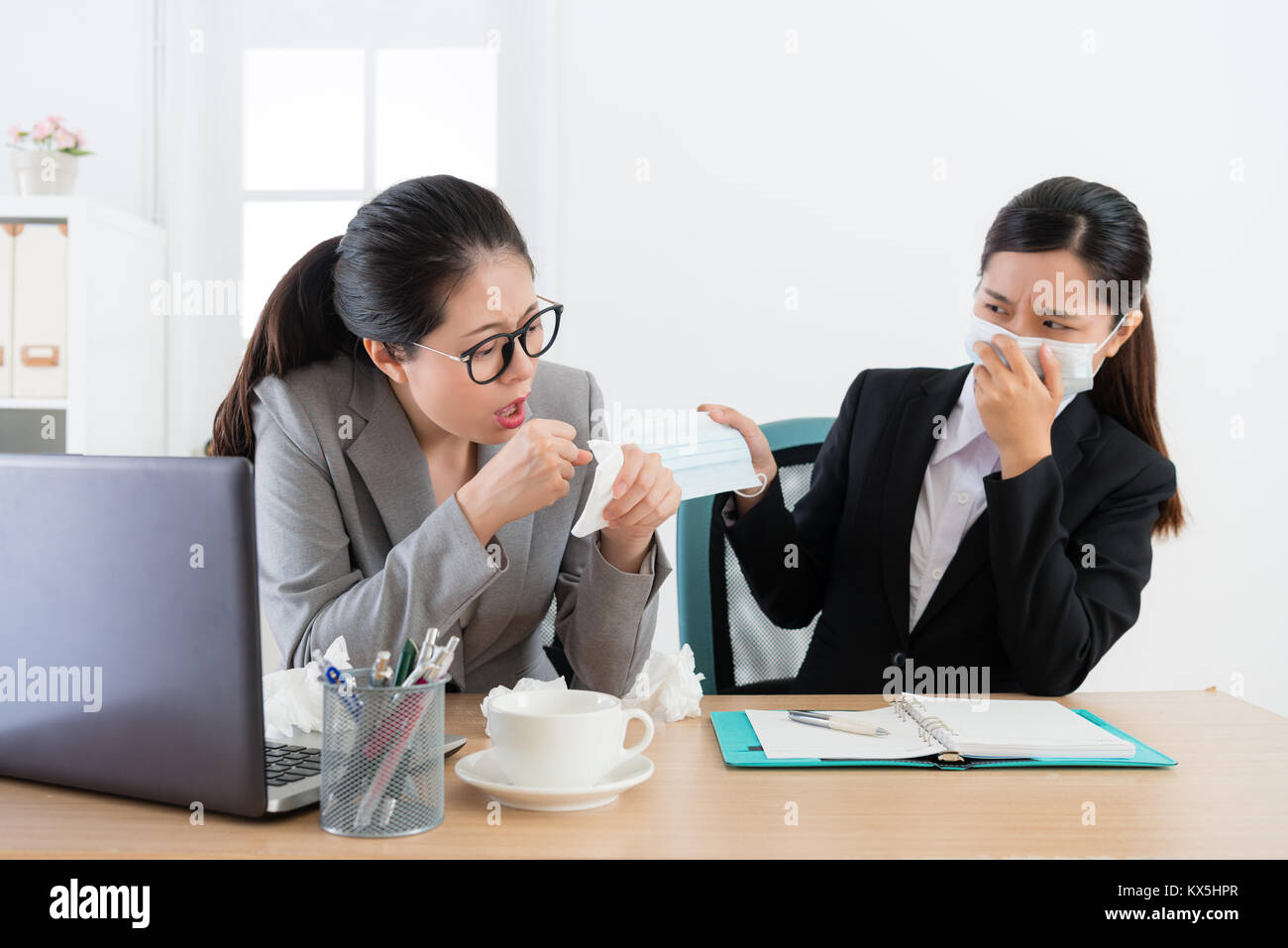 attractive beauty girl company employee having disease problem coughing ...