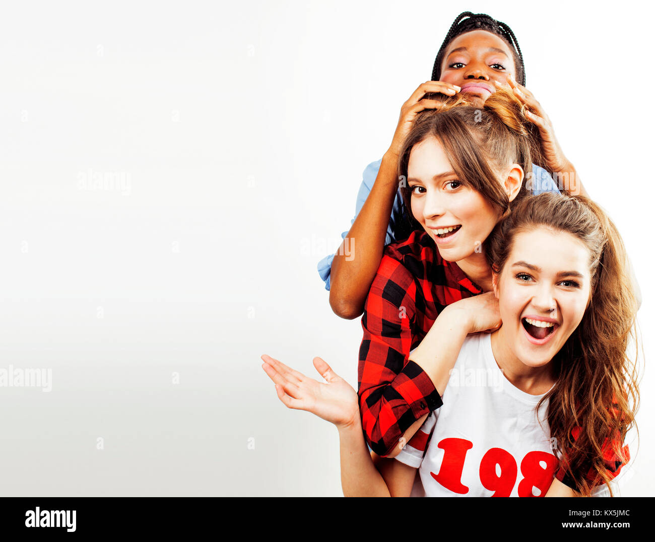 diverse multi nation girls group, teenage friends company cheerful ...