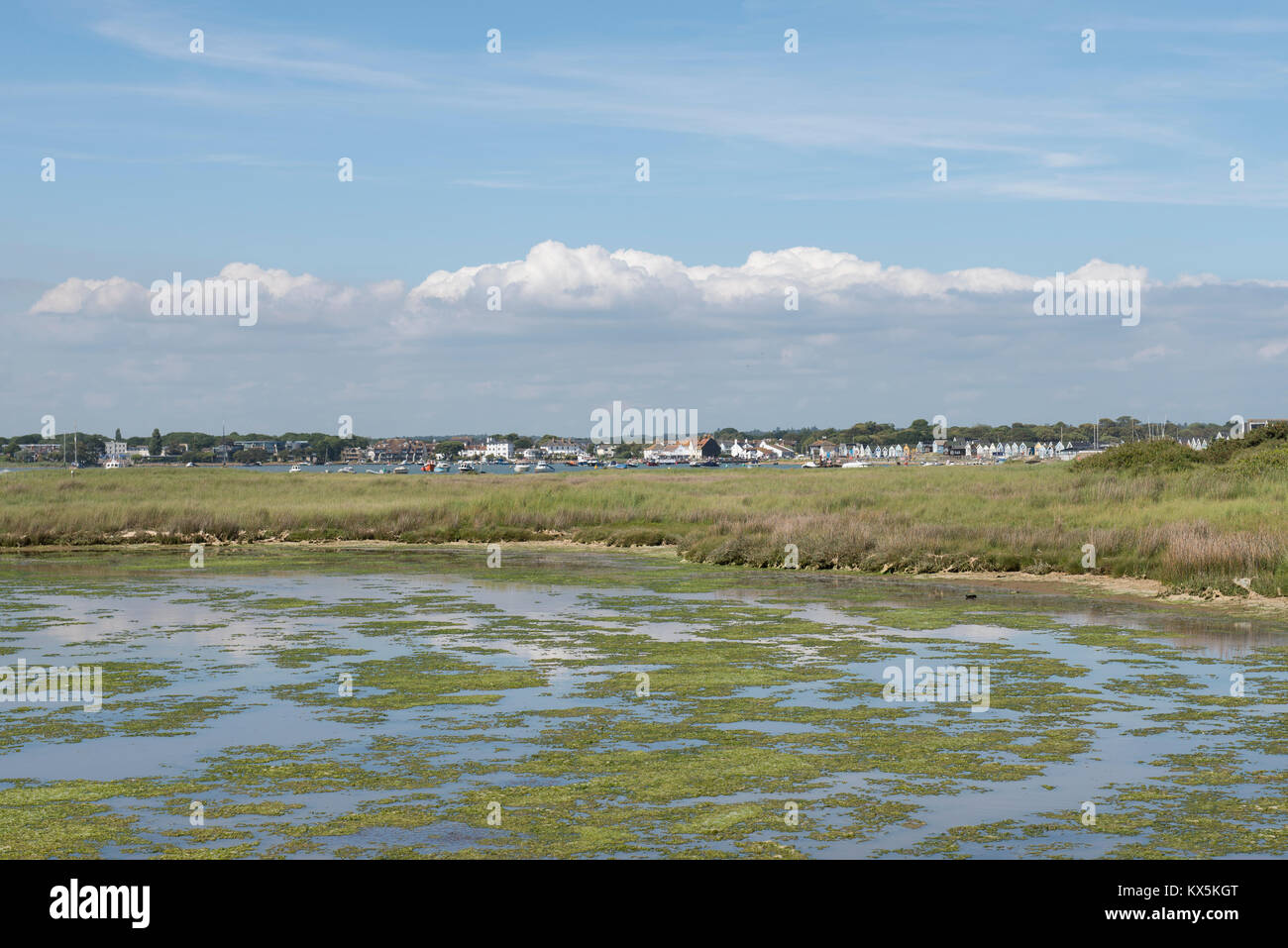 View of Christchurch Harbour and Mudeford Quay across the salt marshes on Hengistbury Head ...