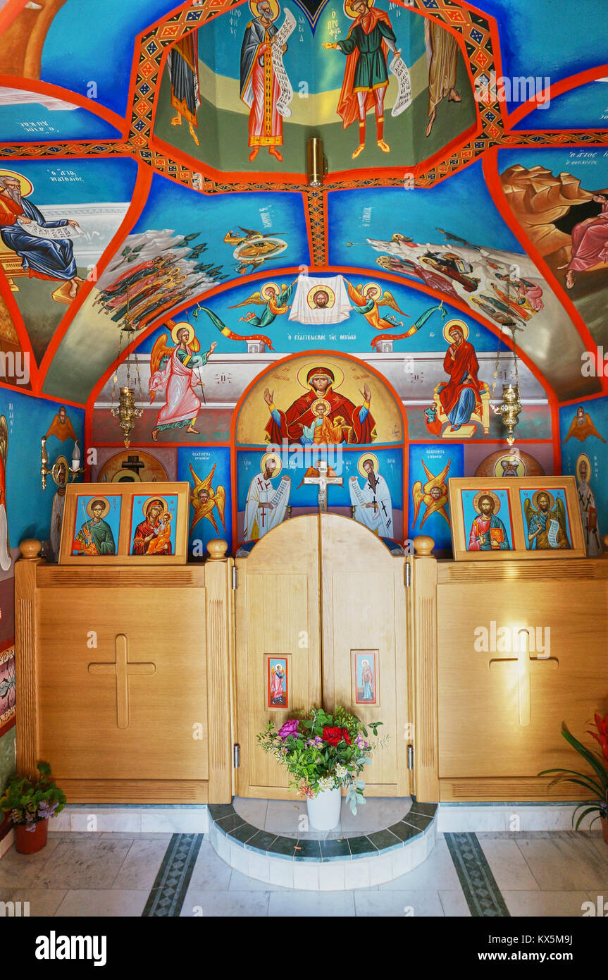 A colorful interior of a typical small chapel at the sea side on a ...