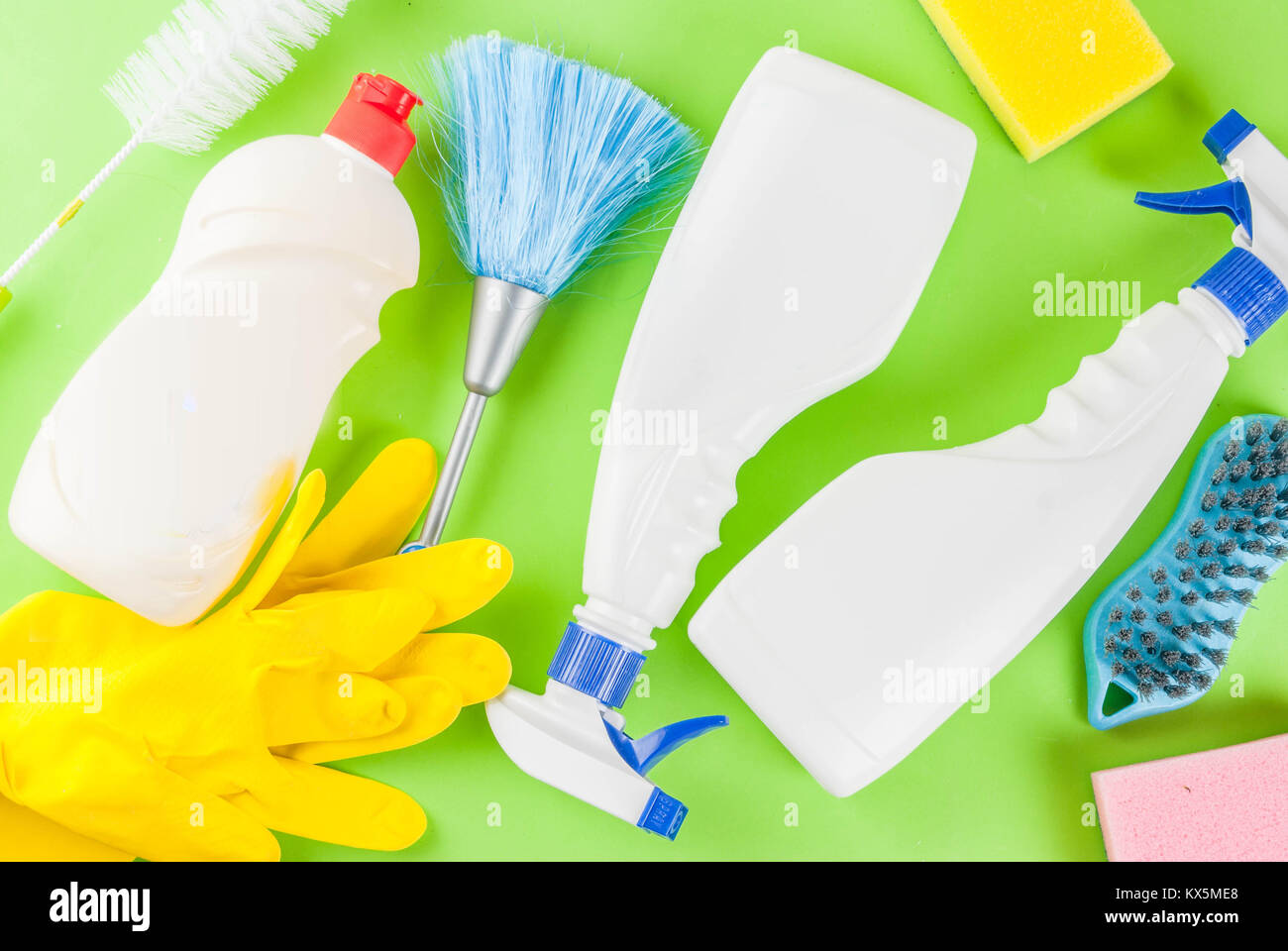 Spring cleaning concept with supplies, house cleaning products pile ...
