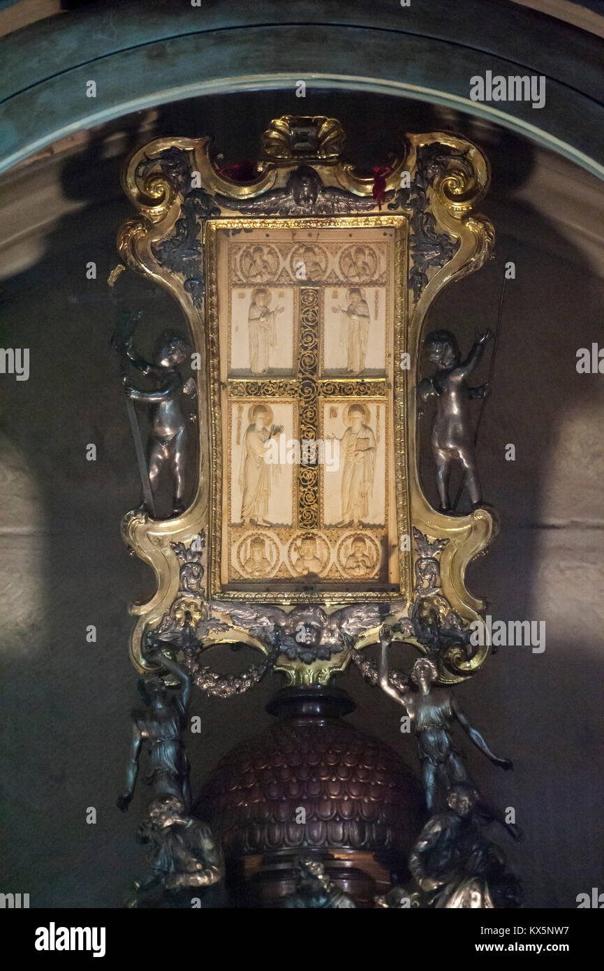 Preserved fragment of the Holy Cross in a reliquary of Byzantine work ...