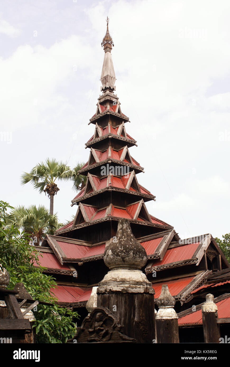 High red pagoda in monastery Bagaya in INwa, Mandalay, Myanmar Stock ...