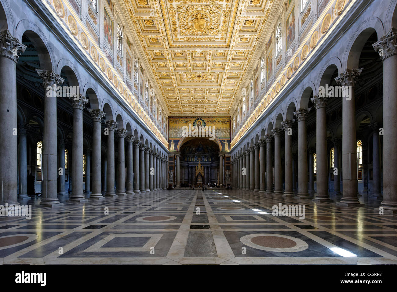Interior view of the central nave towards the tomb and apse of the ...