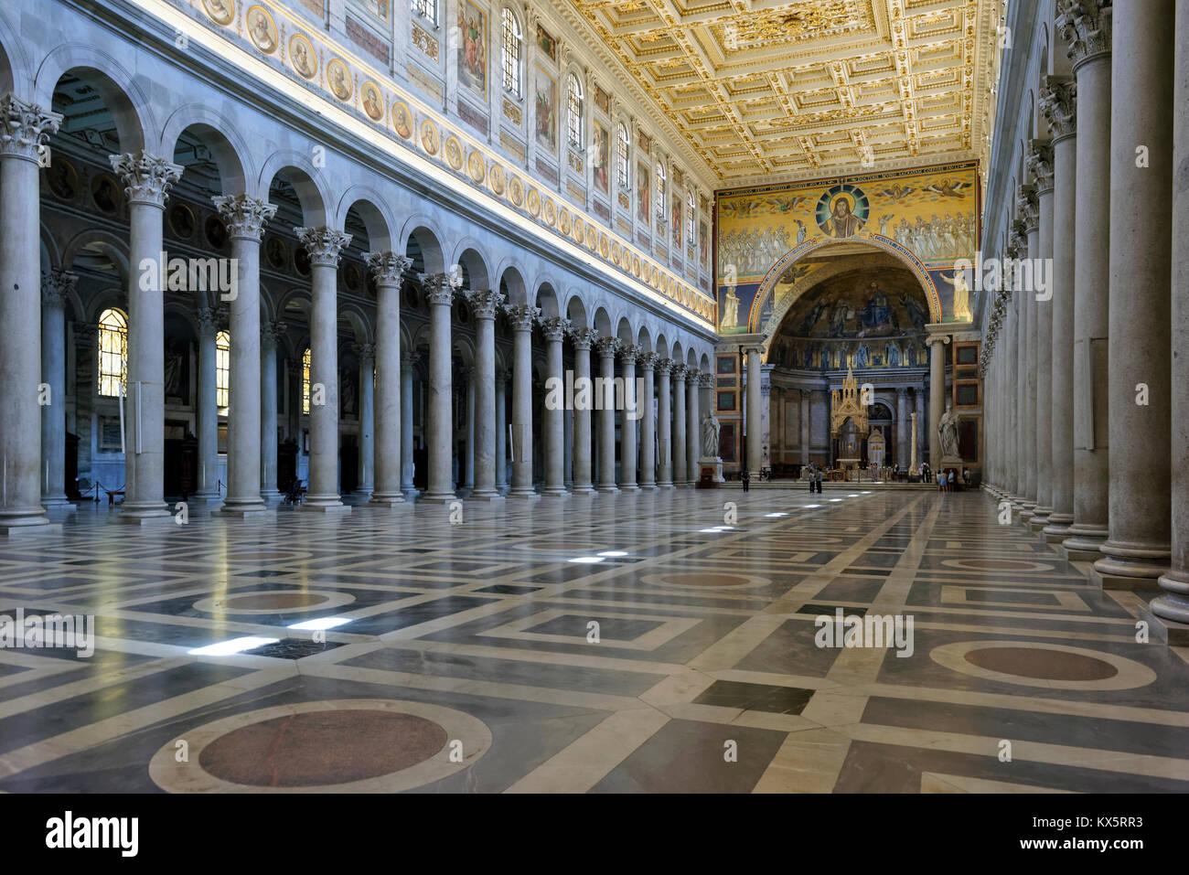 Interior view of the central nave towards the tomb and apse of the ...
