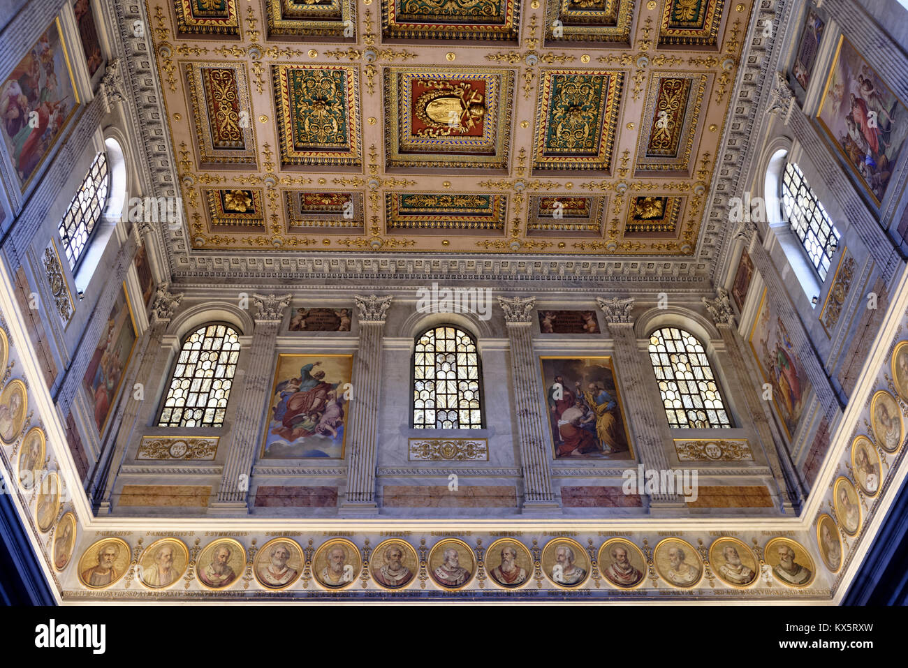 Interior view of the ceiling, side walls and Pope medallions. Papal ...