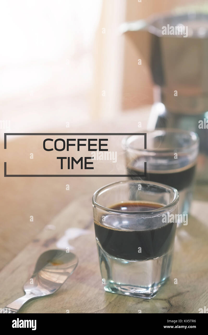 coffee time concept, espresso on wood plate with morning light vintage ...