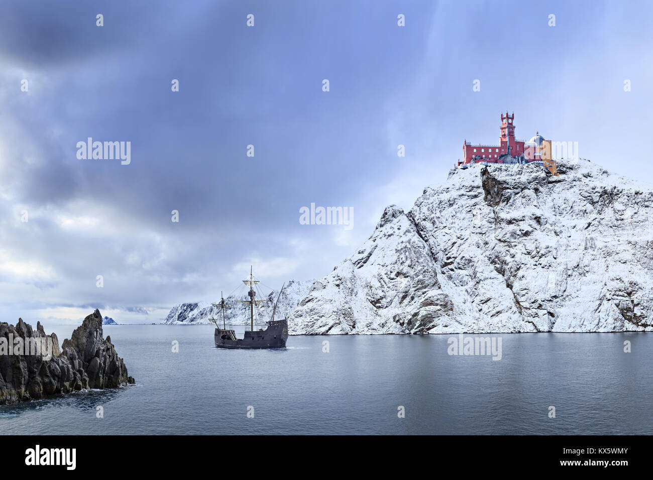 A fantasy landscape of a northern Land with a castle and sailing ship ...