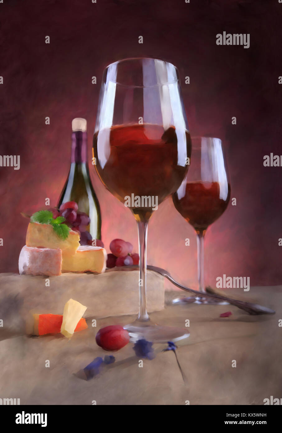 still life with wine bottle and grapes, a photograph with the painting ...