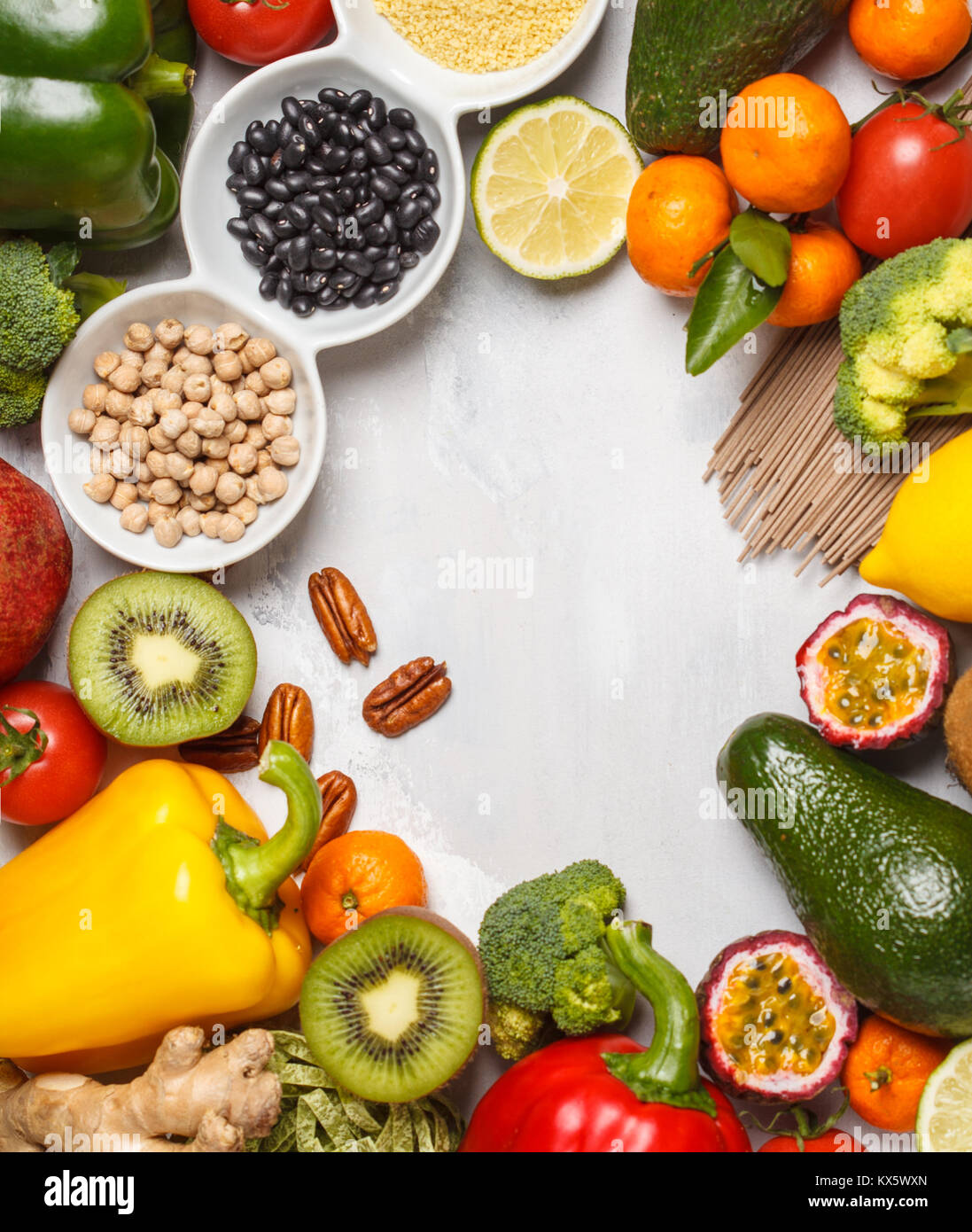 Healthy vegan food concept. Fruits vegetables background. Fresh ...