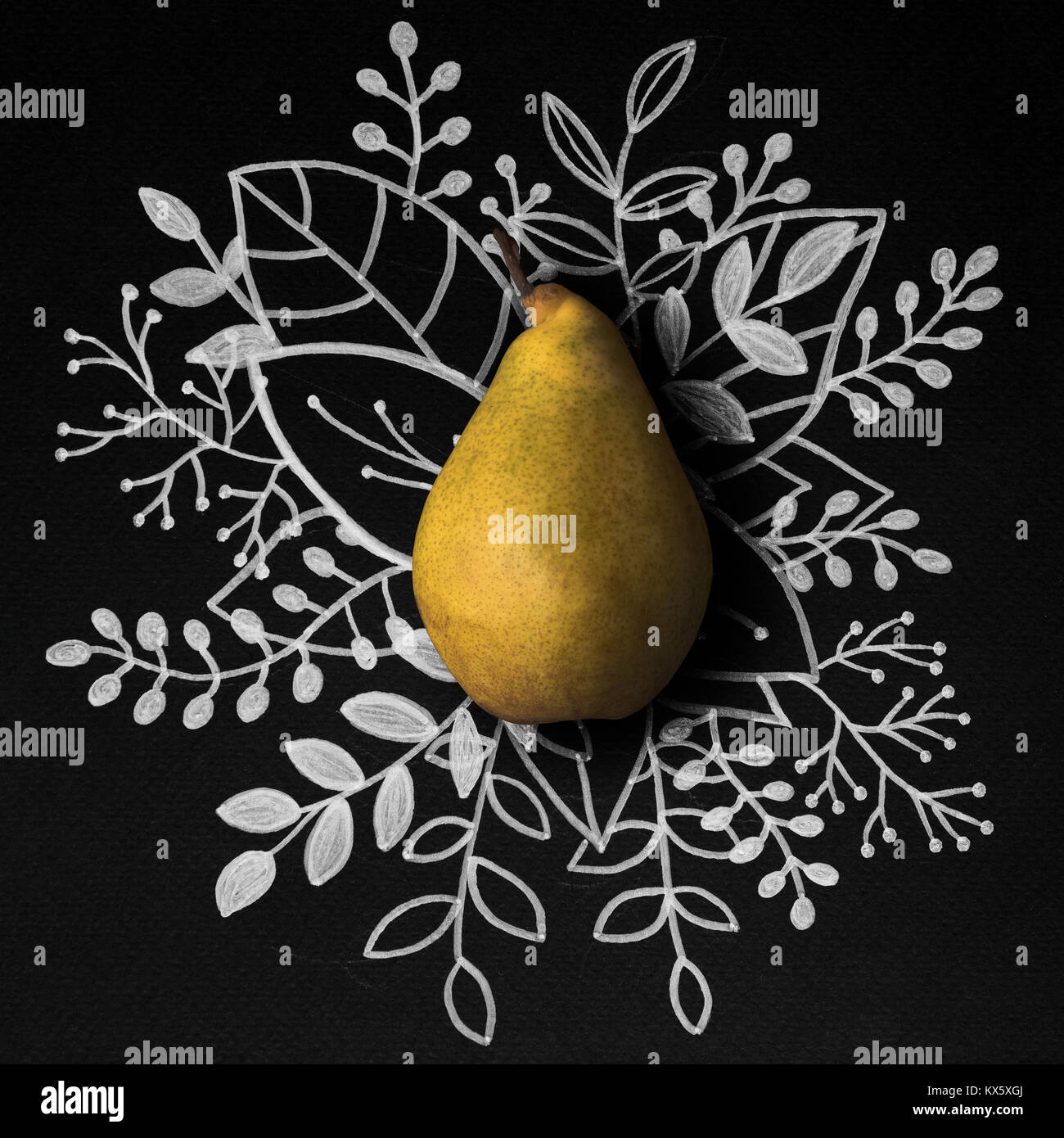 Pear over outline floral hand drawn background Stock Photo - Alamy