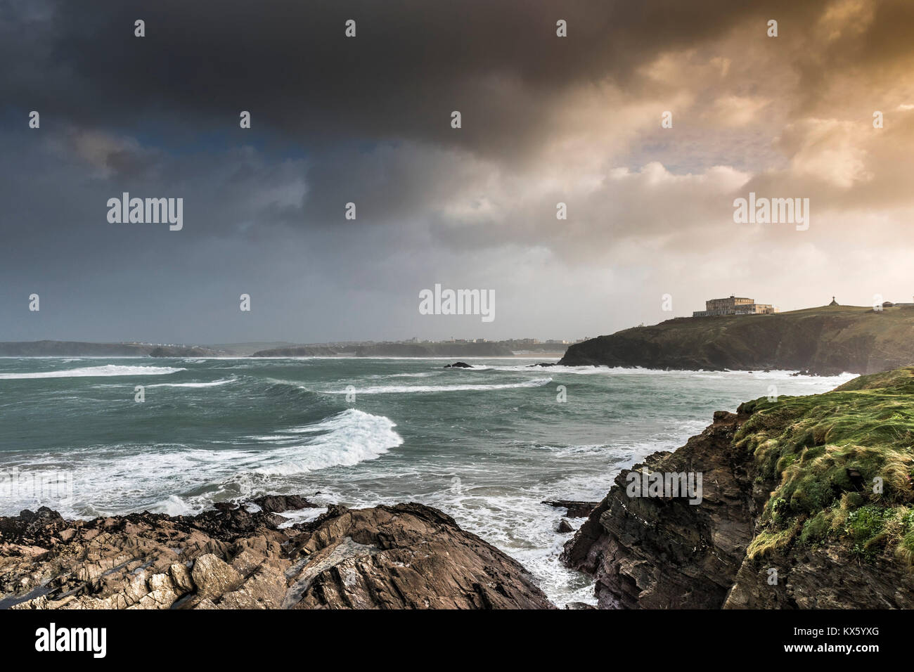 UK weather - Storm Eleanor over Newquay Bay on the North Cornwall Coast ...