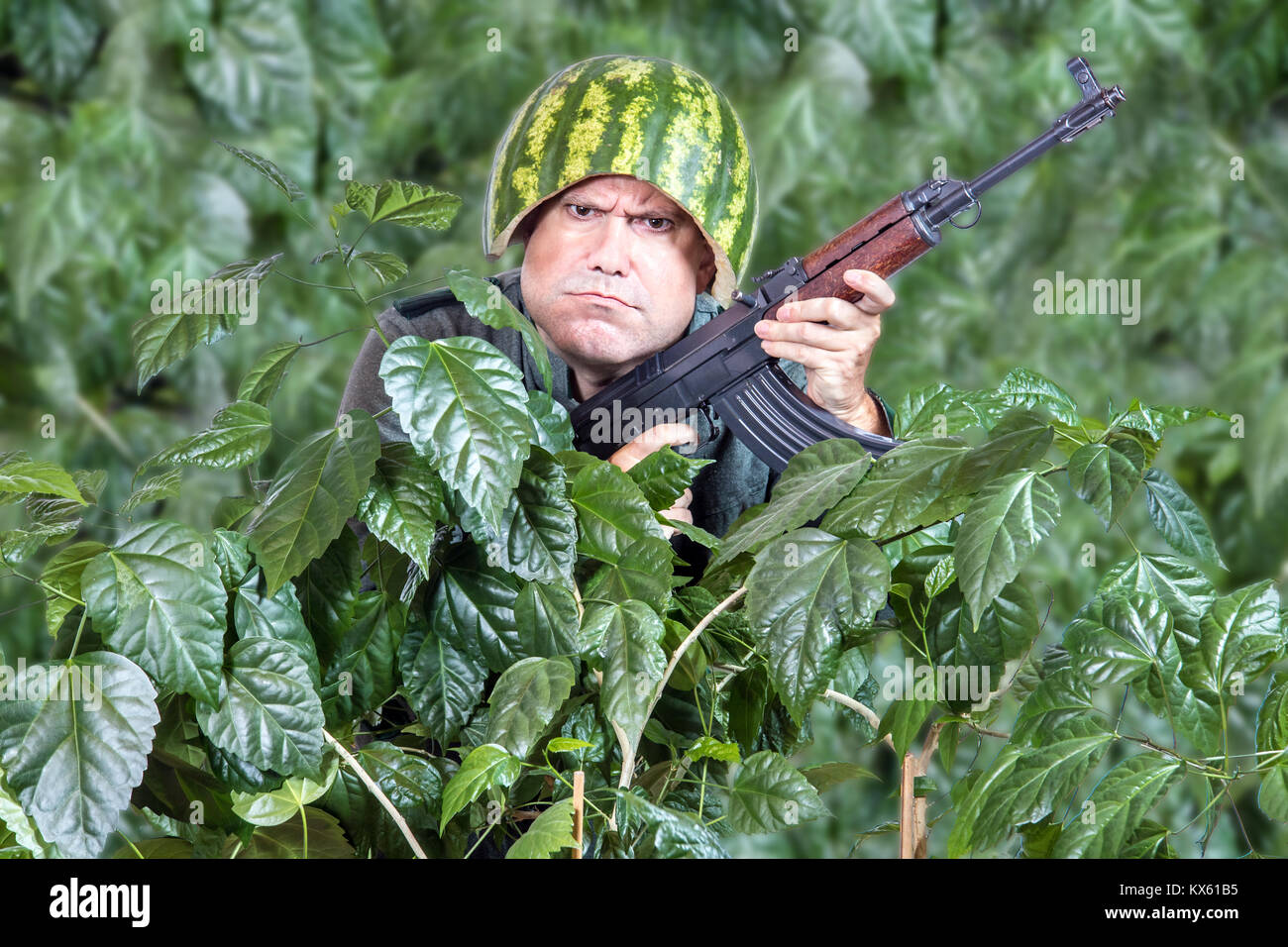 Funny soldier with a machine gun AK 47 sticking out of the green leaves ...