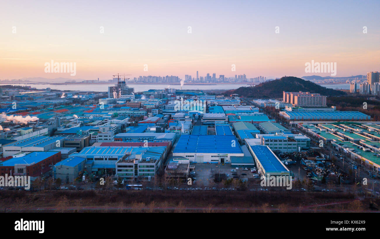 Aerial view Sunset of the industrial park. incheon Seoul,Korea Stock ...
