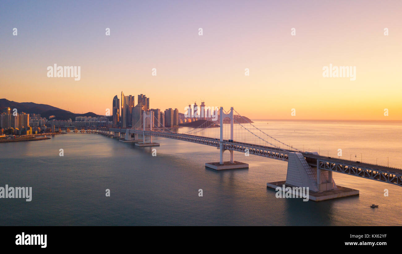 Gwangan Bridge and Haeundae aerial view at Sunrise, Busan, South Korea ...