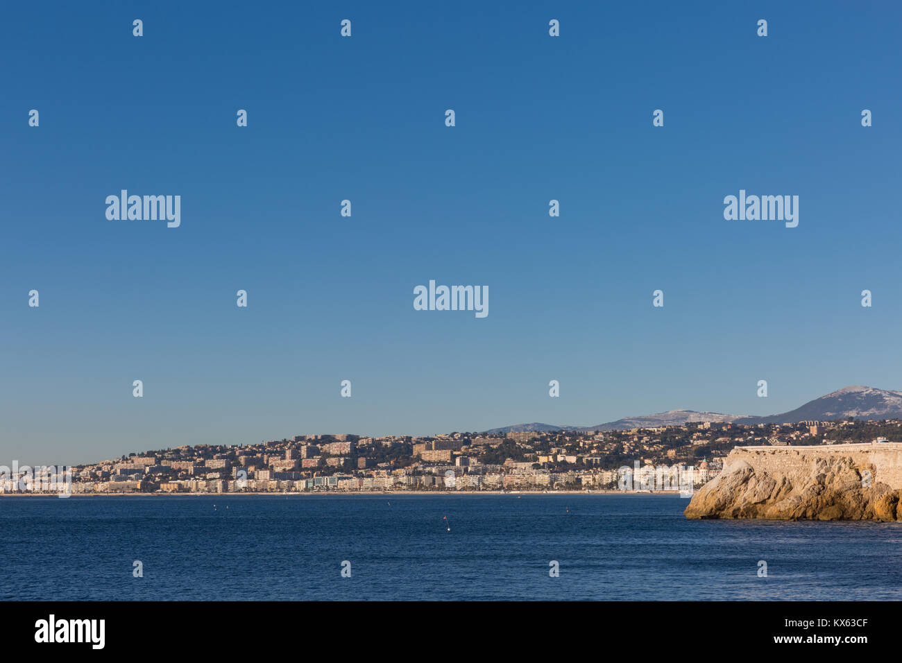 View towards Nice seafront from the Mediterranean sea, Cote d'Azur ...