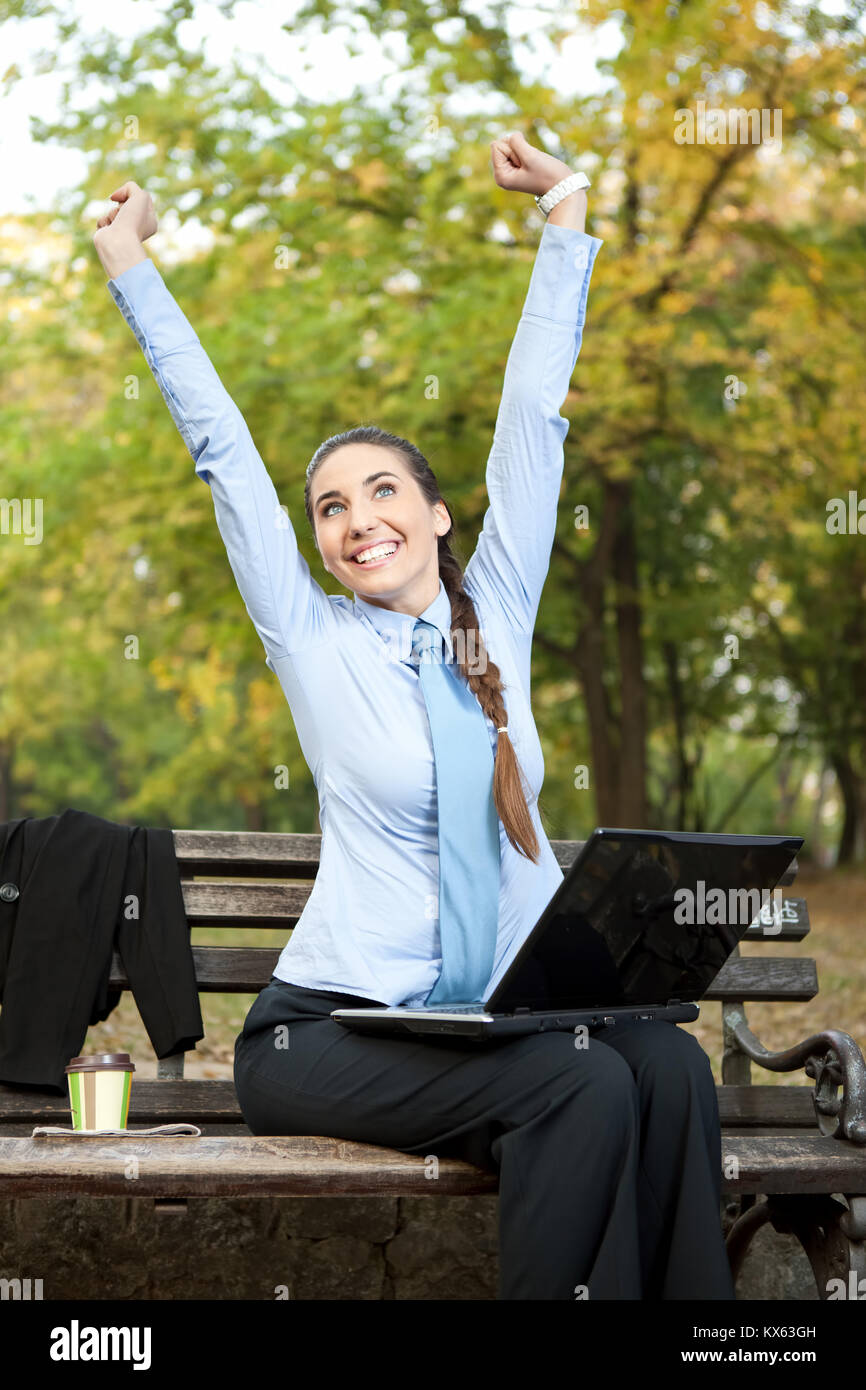 happiness businesswoman celebration her success, hands up Stock Photo ...