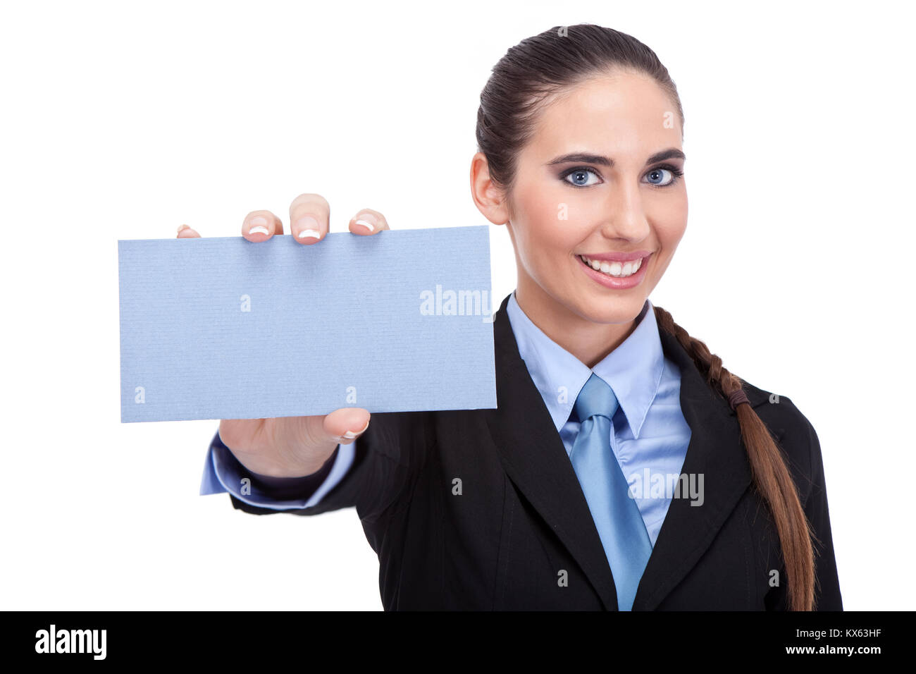 smiling businesswoman shoving business card, isolated on white ...