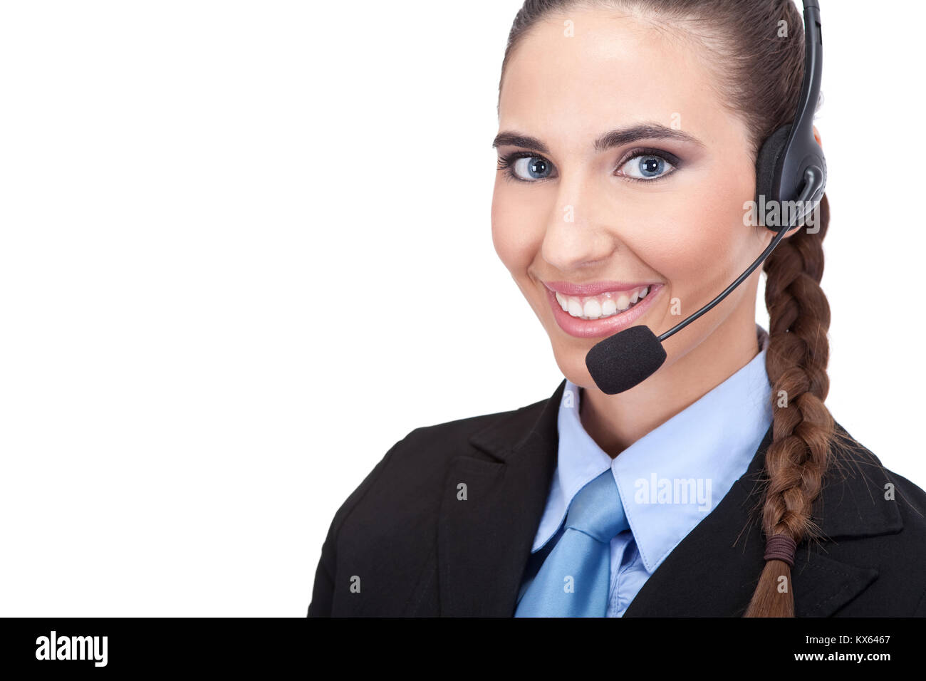 cheerful young woman with headset, close up, isolated on white ...