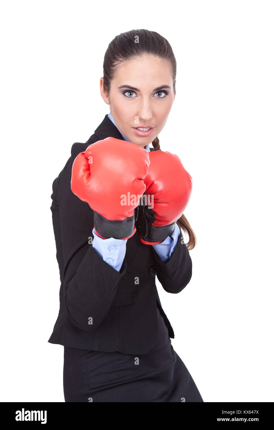 young beautiful woman with boxing gloves in guard position, isolated on ...