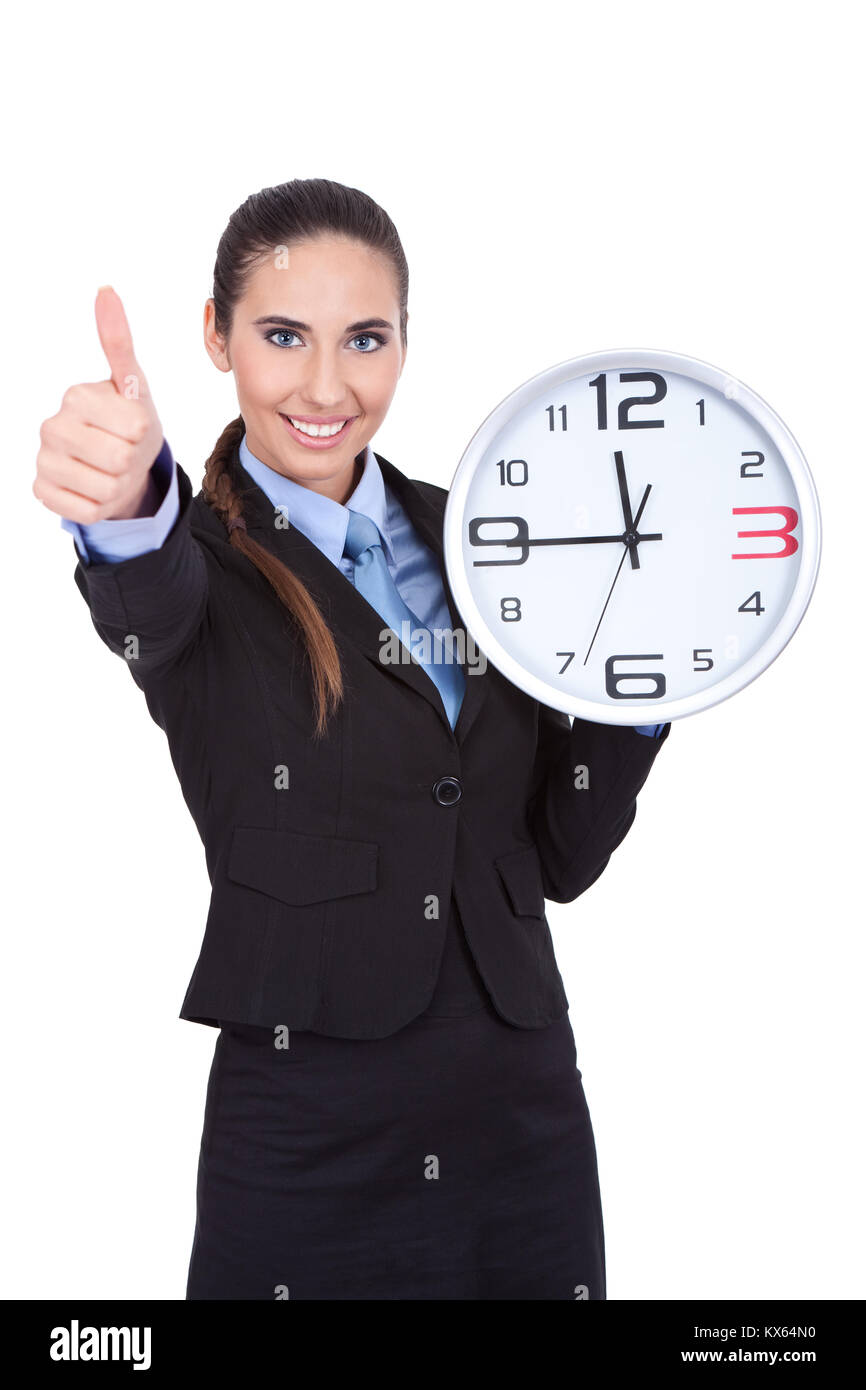 businesswoman holding clock and shoving sign ok Stock Photo - Alamy
