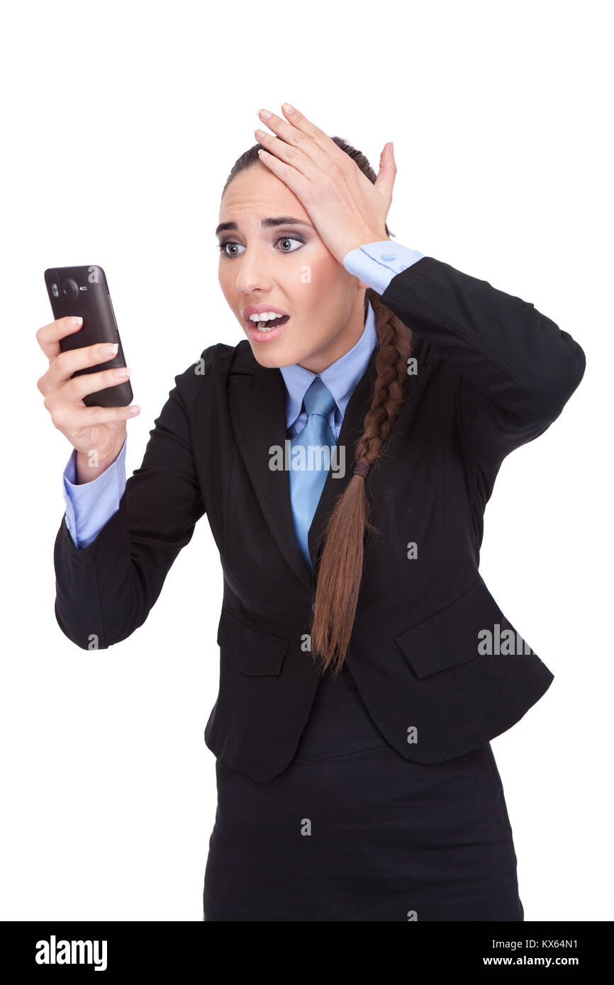 businesswoman receives bad text message over the phone, isolated on ...