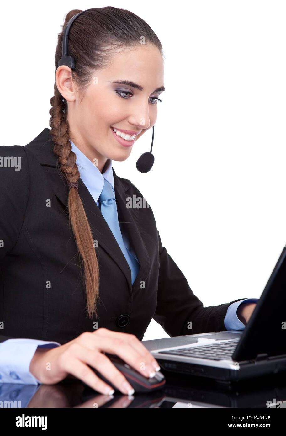 young woman with headset working on computer, call center, isolated on ...
