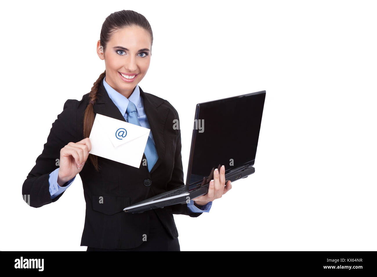 businesswoman receive e-mail, symbolizing emailing, isolated on white ...