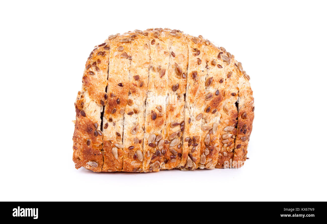 sliced loaf of multigrain bread in a row on white background Stock ...