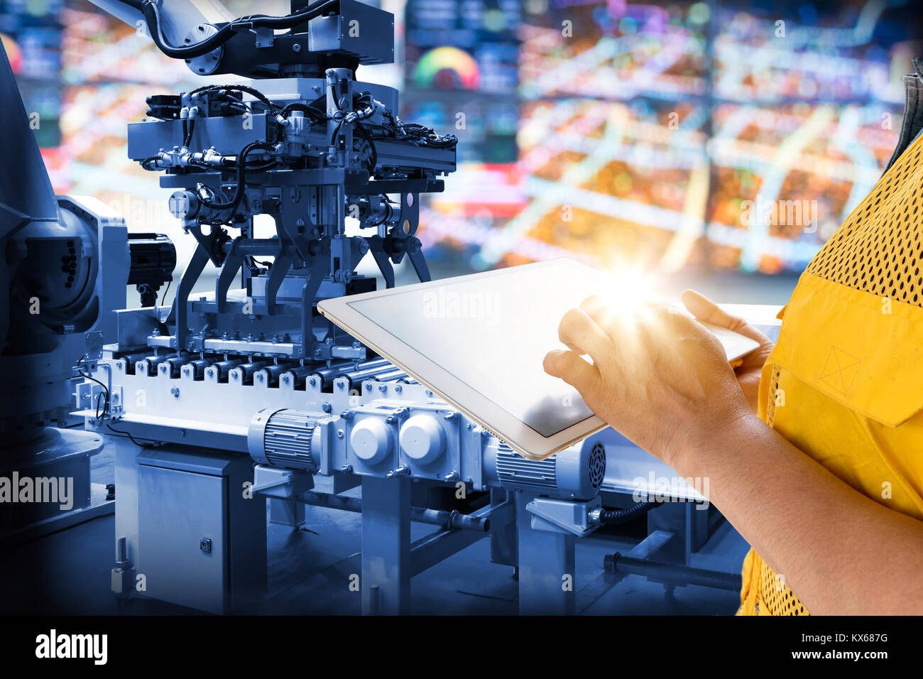 Engineer Hand Using Tablet With Machine Real Time Monitoring System Software Automation Robot